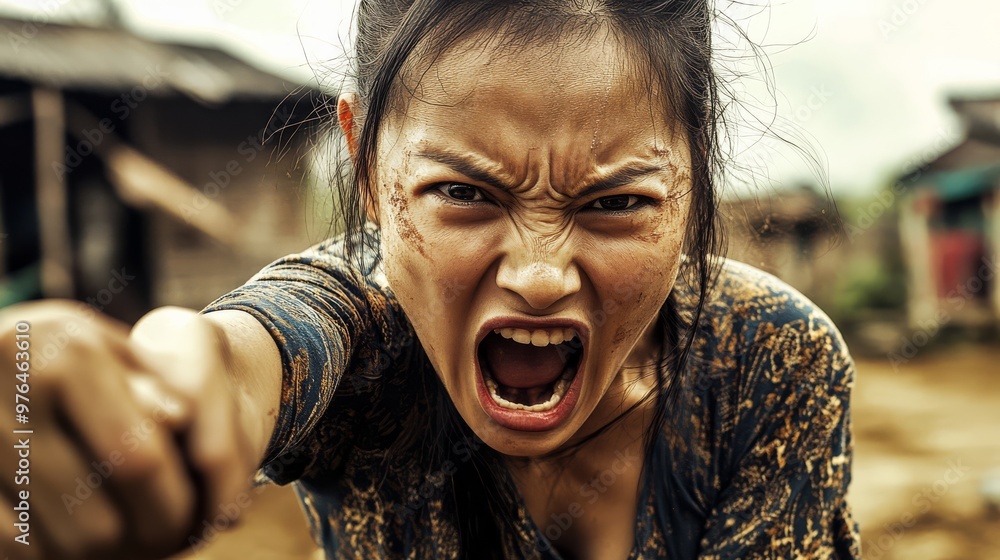 Angry woman shouting and pointing forward, expressing intense emotion ...