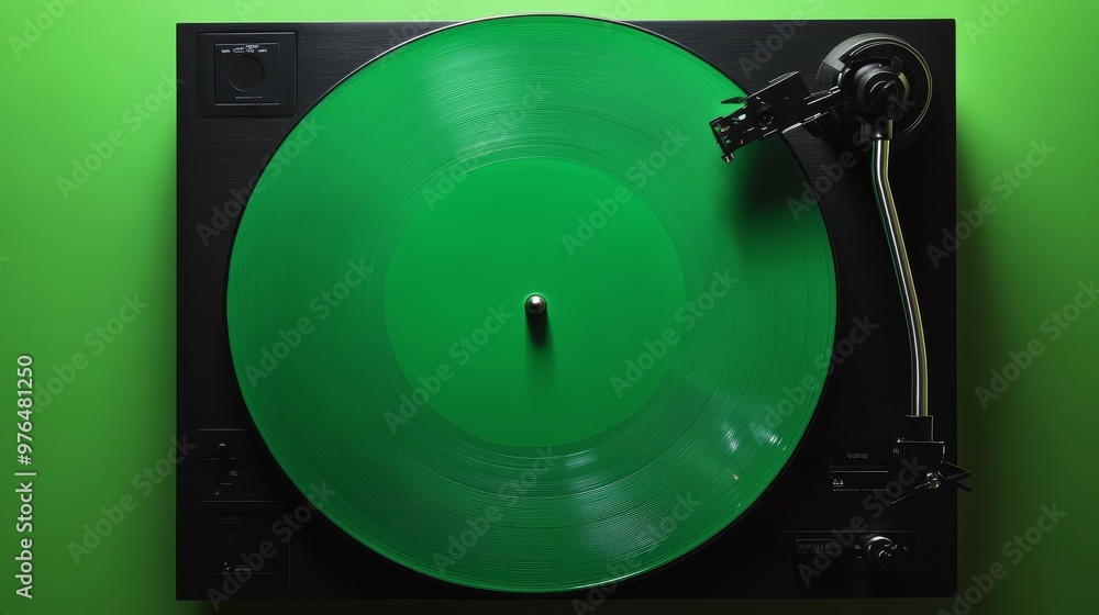 Green vinyl record on a black turntable against a solid green ...