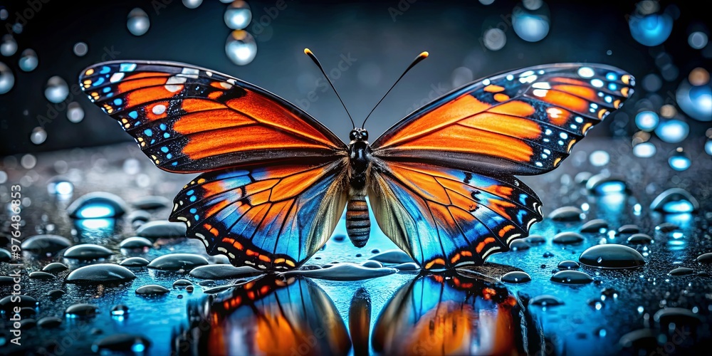Vibrant butterfly with blue and orange wings on a reflective black ...