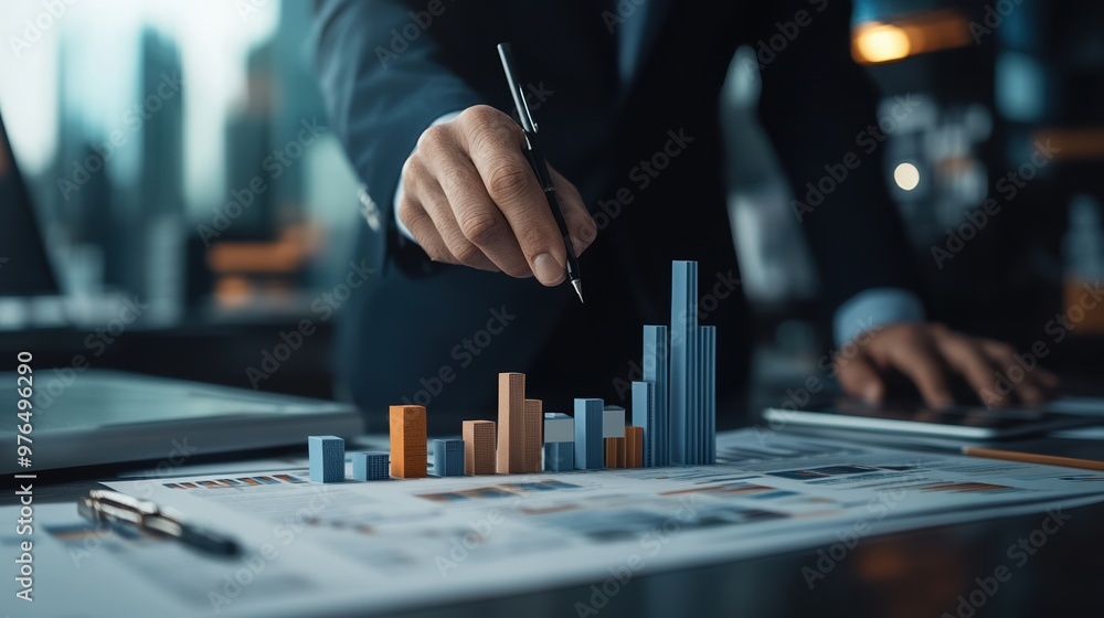 A business professional analyzing data charts with bar graphs, symbolizing market trends and ...