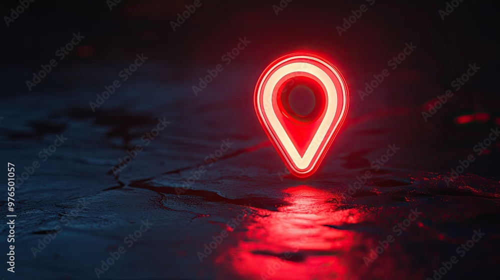 Futuristic red neon map pin icon glowing on a dark background ...
