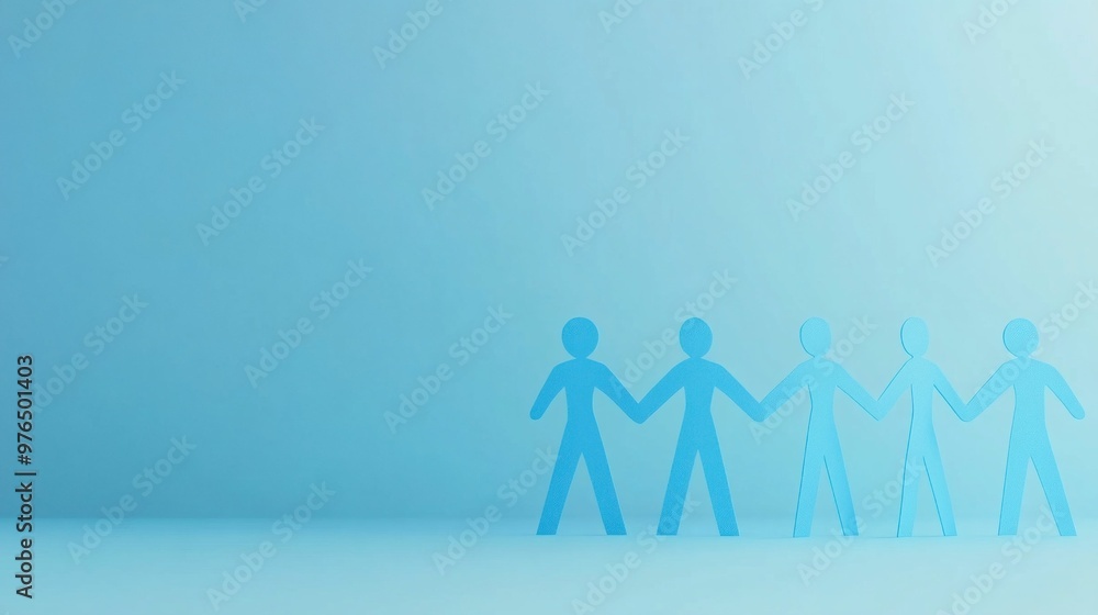 Silhouettes Of Paper People Holding Hands Teamwork Unity Collaboration Blue Background