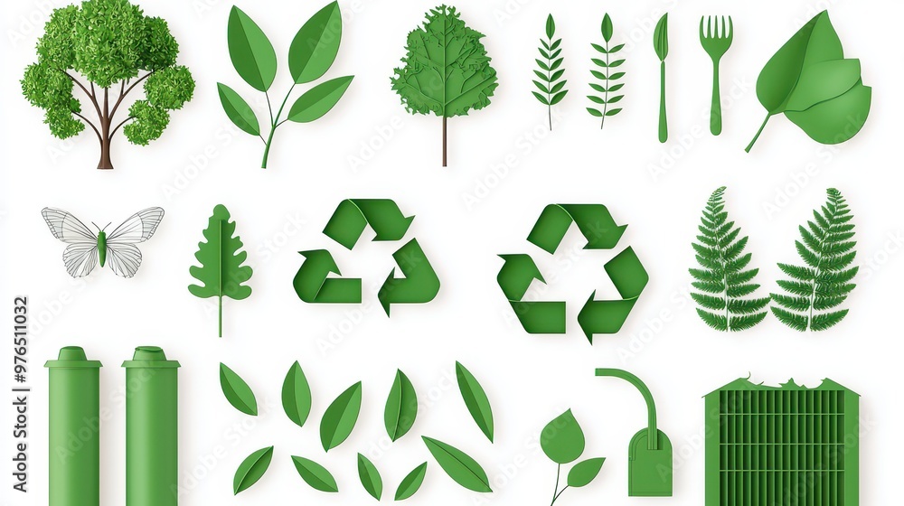 Green Paper Cutout Elements Leaves Trees Butterfly Recycle Symbol Fork ...