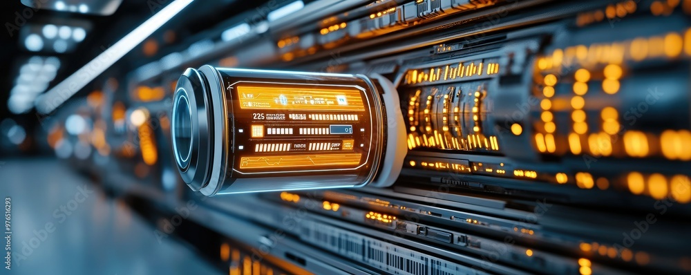 Futuristic technology panel with illuminated displays and intricate ...