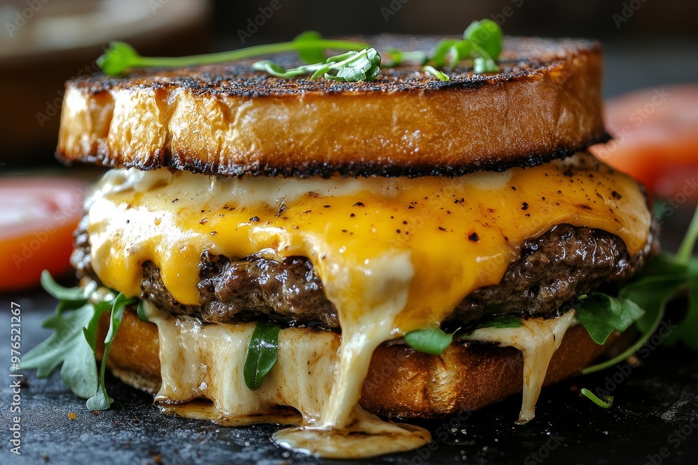 A juicy, smashed burger with melted cheese, nestled between two ...