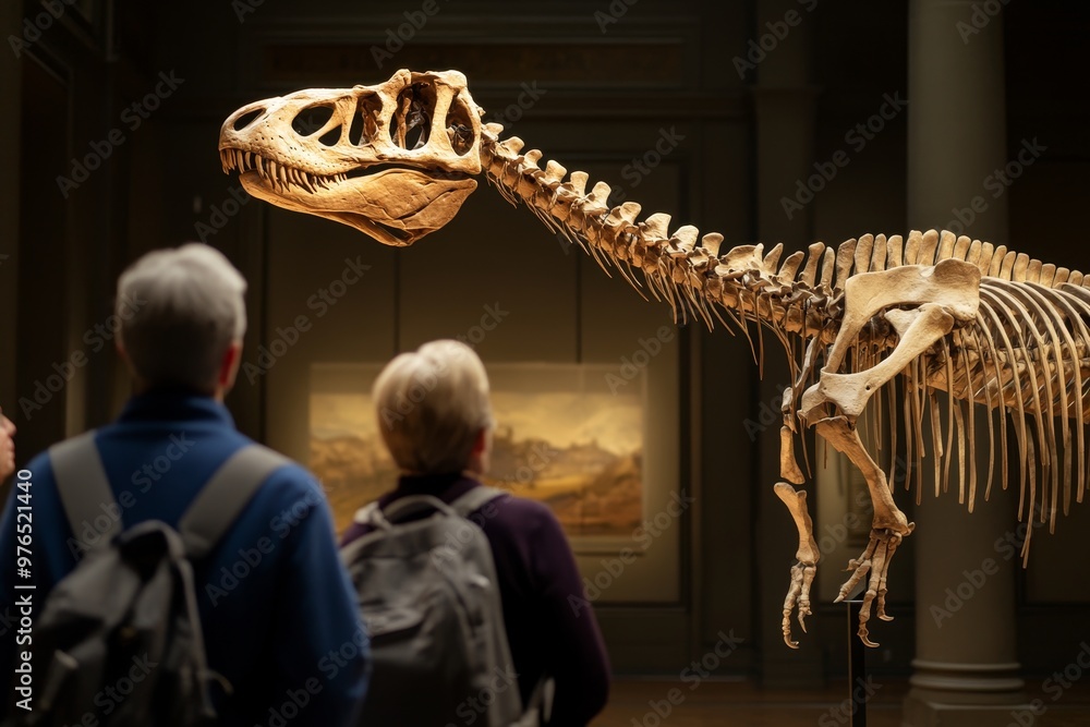 A majestic dinosaur skeleton, standing tall in a museum exhibit ...
