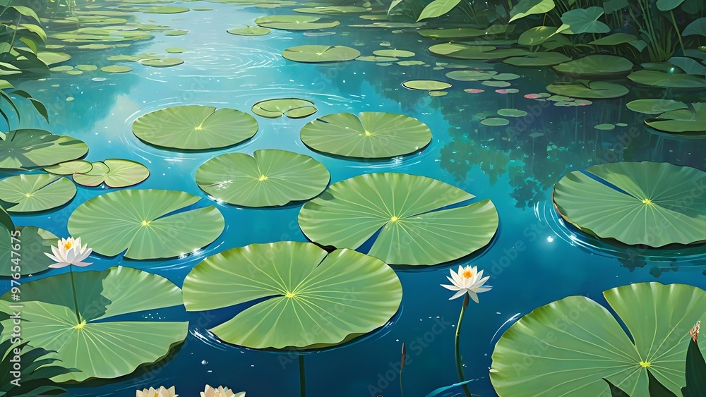A peaceful pond with large, round lily pads floating on the surface in ...