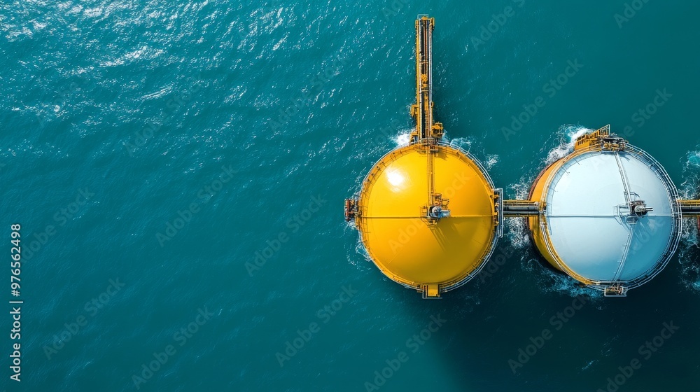 Two large, round oil storage tanks are anchored in the ocean ...