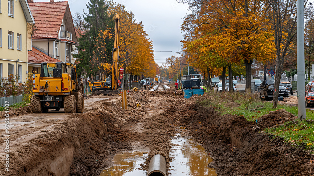 Installation of a sewage pipes in the street by public works to give ...