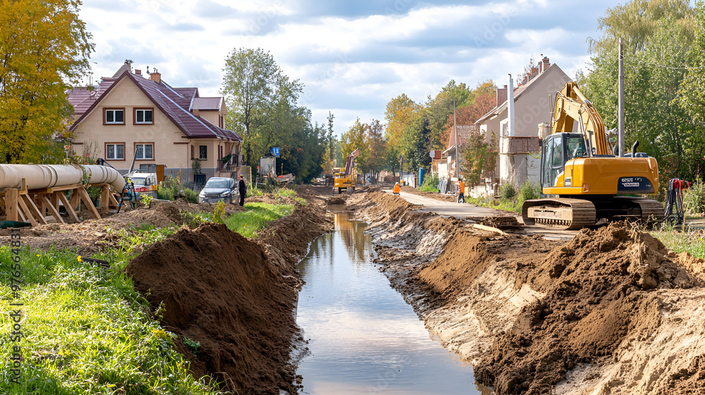 Installation of a sewage pipes in the street by public works to give ...