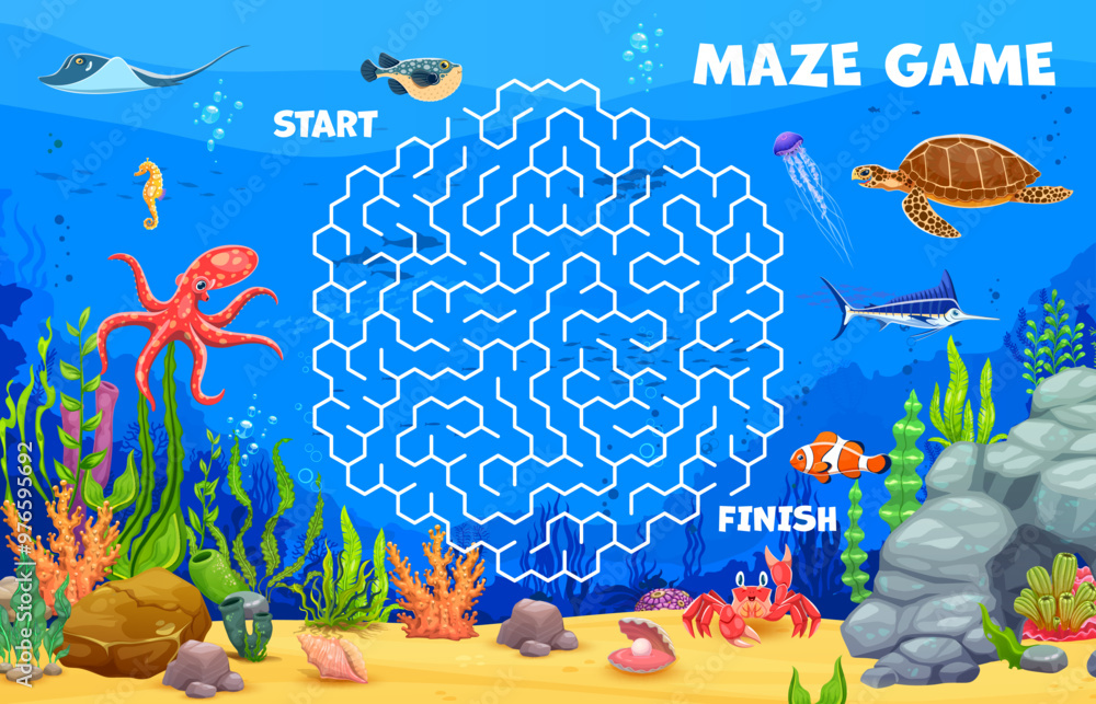 Kids labyrinth maze game with underwater sea animals. Cartoon vector ...