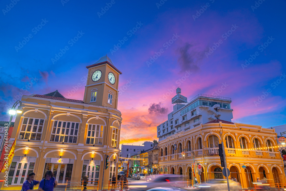 Pink cloud in blue sky above The classic building in Phuket old town ...