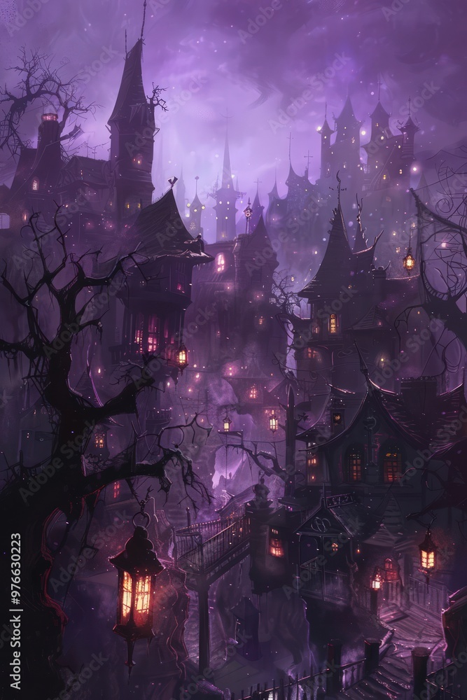 Creepy city panorama with flickering lanterns and sinister shadows cast ...