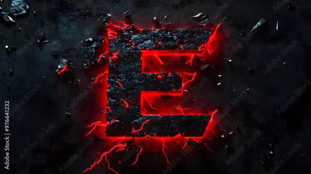 3D lettering of the text E with lightning, black background, red ...