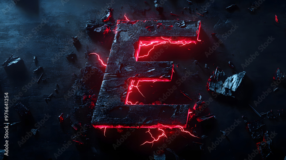 3D lettering of the text E with lightning, black background, red ... 3D lettering of the text E with lightning, black background, red ...