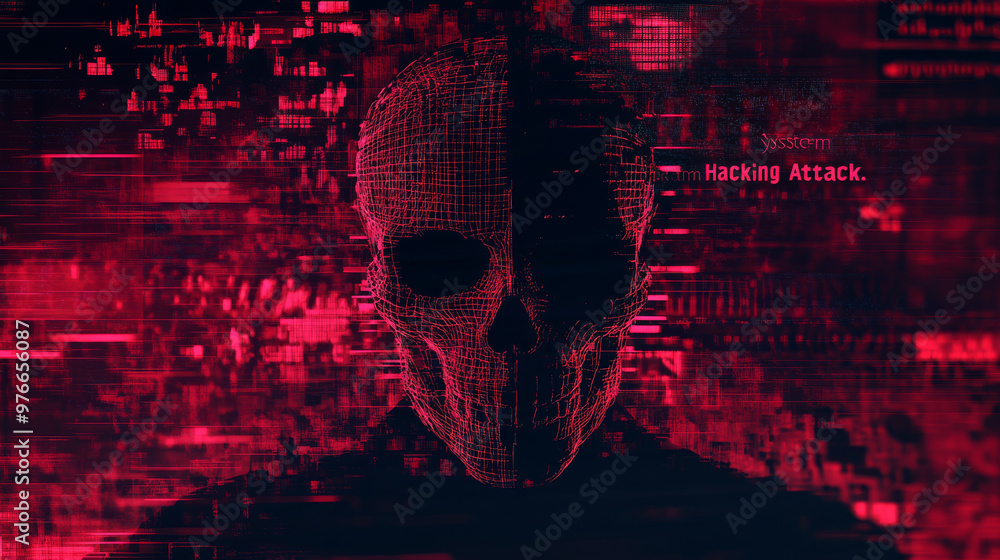 Hacker silhouette against a dark red glitched background, featuring a ...