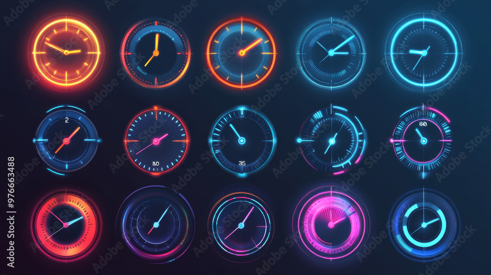 Smartwatch faces with mechanical clock-inspired bezels. Displays a ...