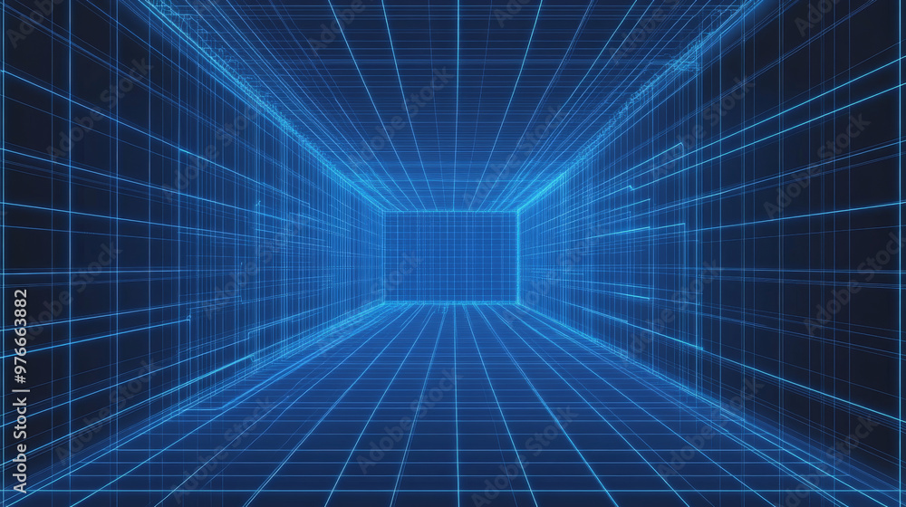 Metaverse VR wireframe room with a blue background. Features a vector ...