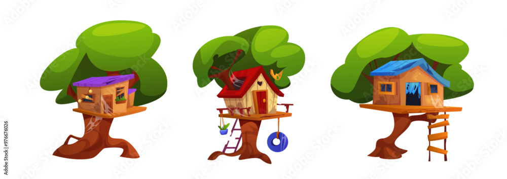 Kid treehouse cartoon. Wooden tree house vector. Forest hut with ladder ...