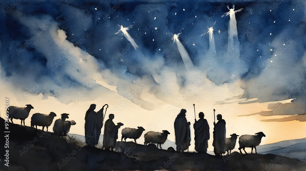 The Angels Appearing to Shepherds, A group of shepherds watching over ...