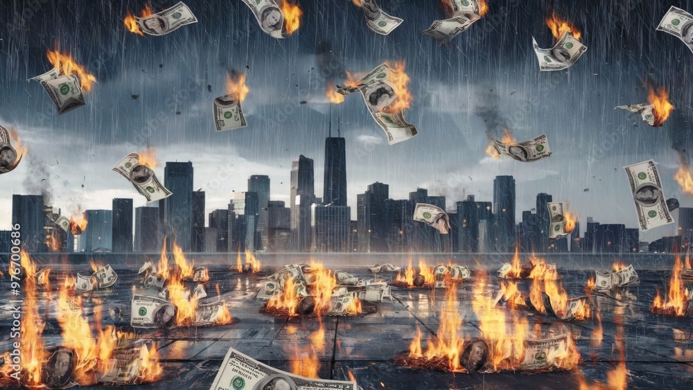 Burning money falling from sky. Surreal urban scene. Financial chaos ...