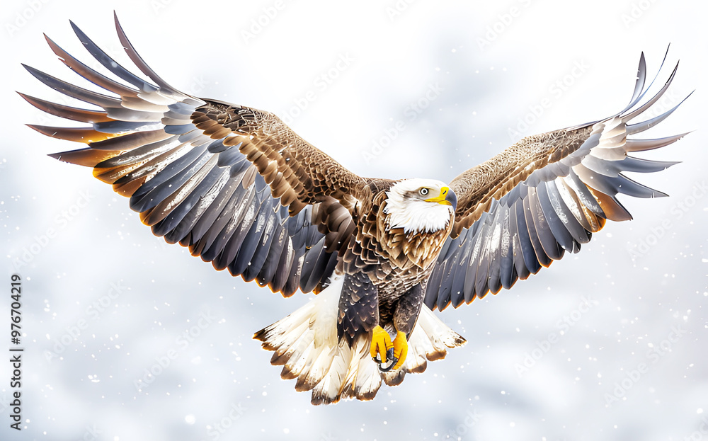 Picture brown eagle or hawk flying on color light grey watercolor ...