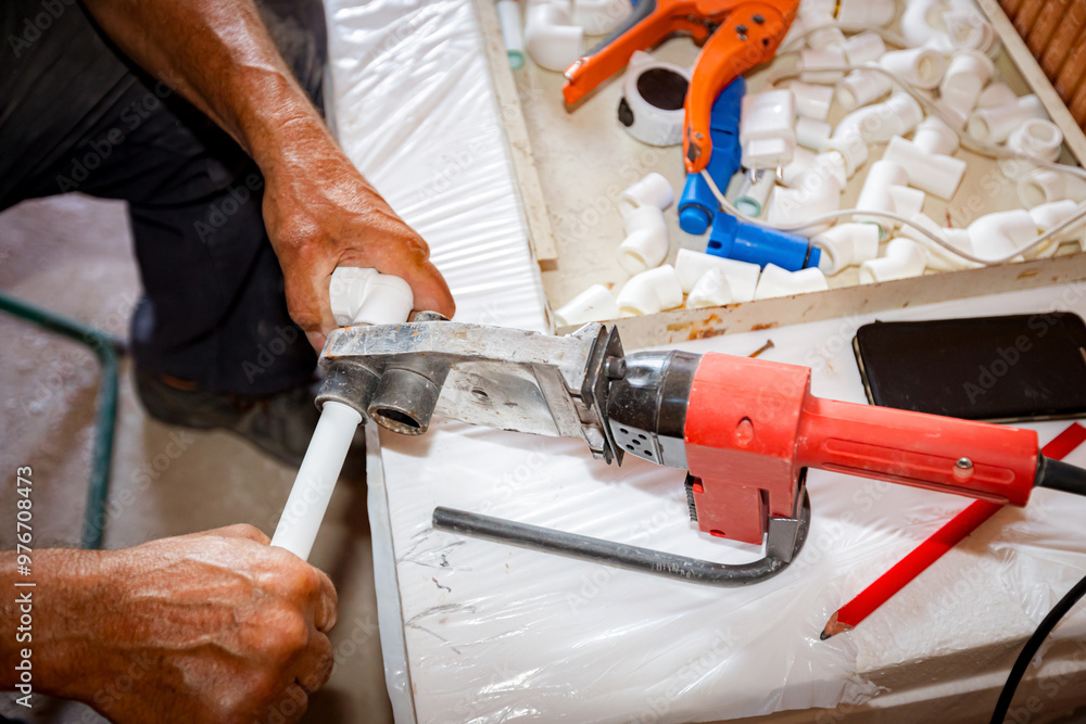 Hands of worker as holding plastic water pipes in device for melting ...