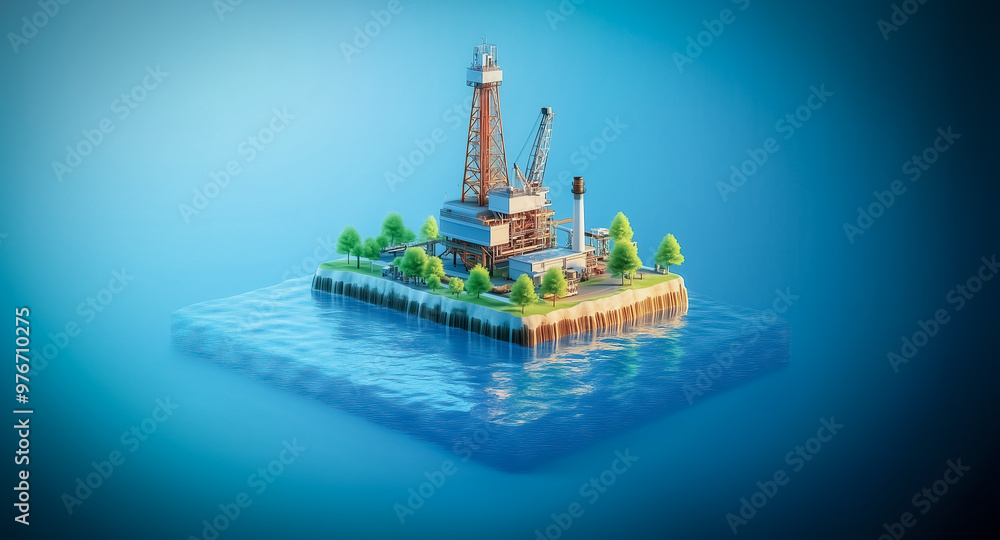 A 3D isometric view of a large offshore oil platform situated in the ...