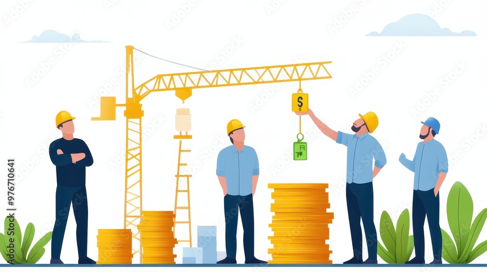 Construction workers discussing project finances with coins and dollar ...