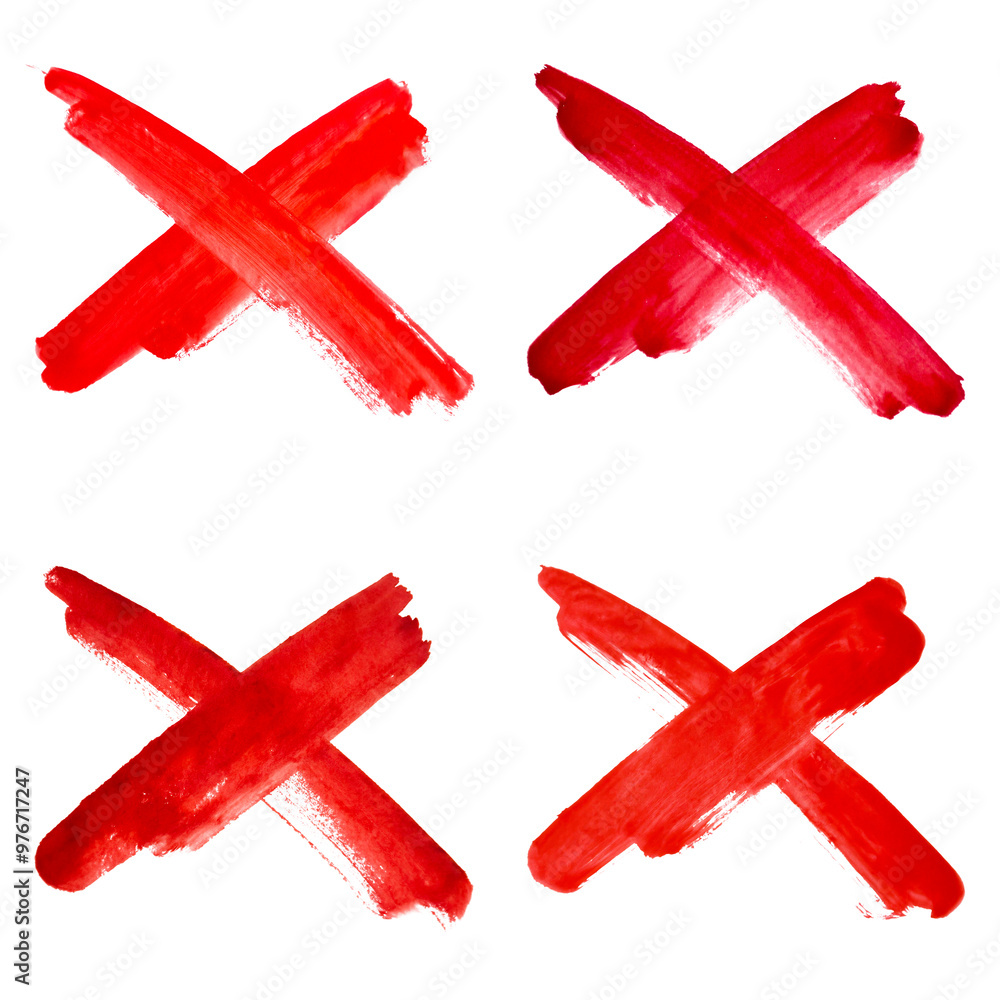 Bold hand painted red X cross mark rough brush strokes transparent ...