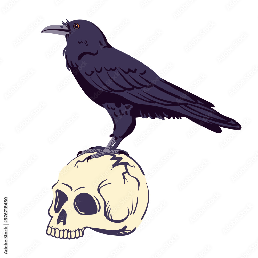 Black raven standing on a human skull. Vector illustration for ...
