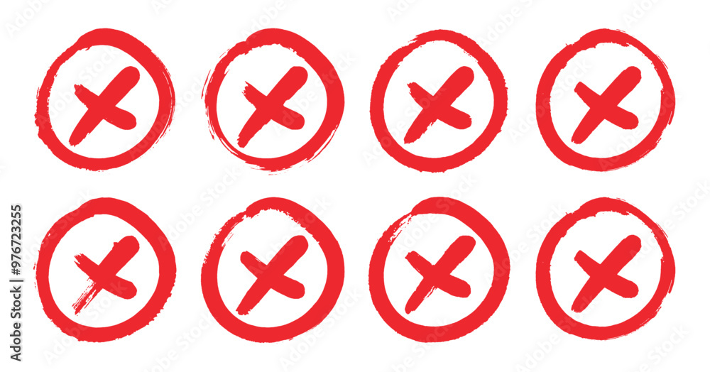 Bold hand painted red X cross mark inside a circle rough brush strokes ...