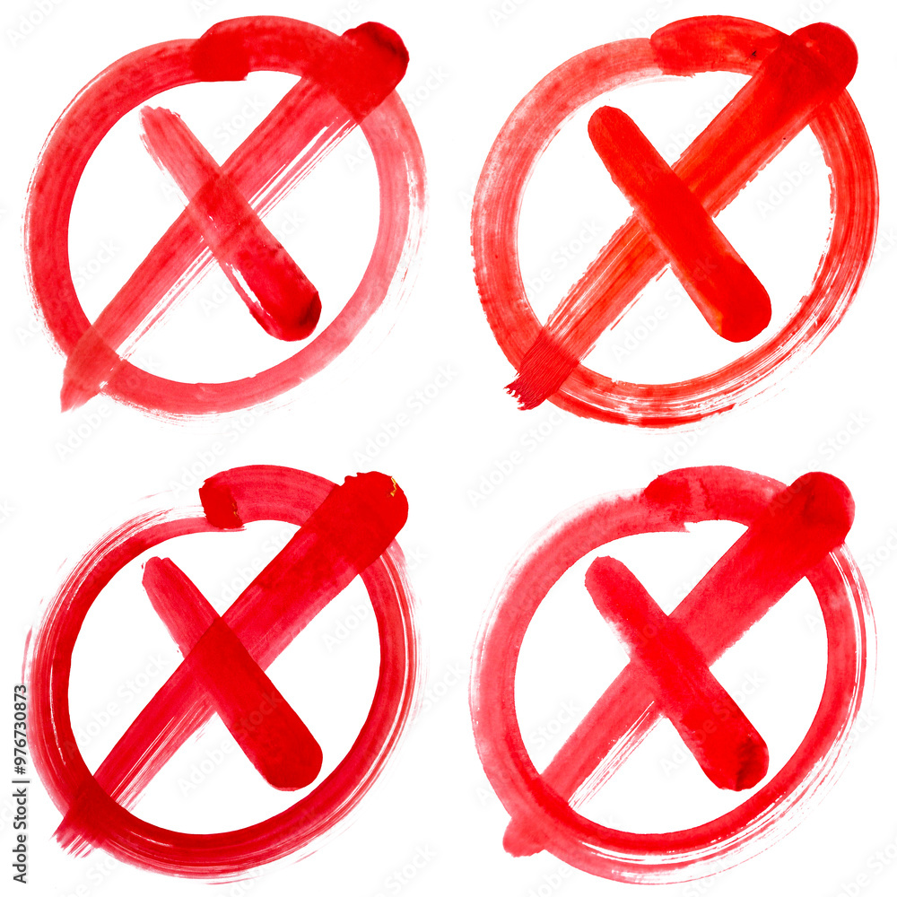 Bold hand painted red X cross mark inside a circle rough brush strokes ...