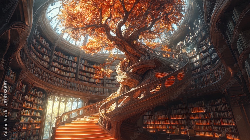 Enchanting Library with Ancient Tree: A Magical Oasis for Book Lovers ...