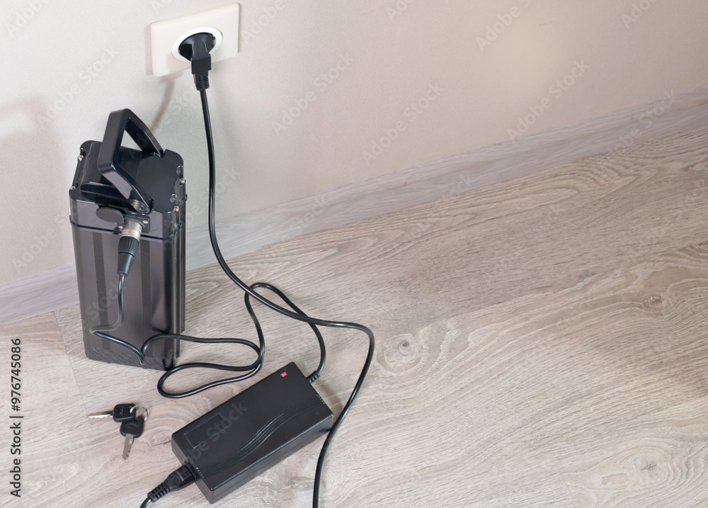 Charging bicycle battery from mains electricity in house. Socket in ...