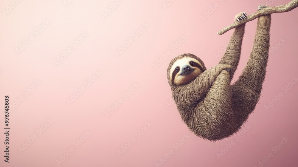 A 3D sloth casually hanging from a branch, with a soft pastel ...