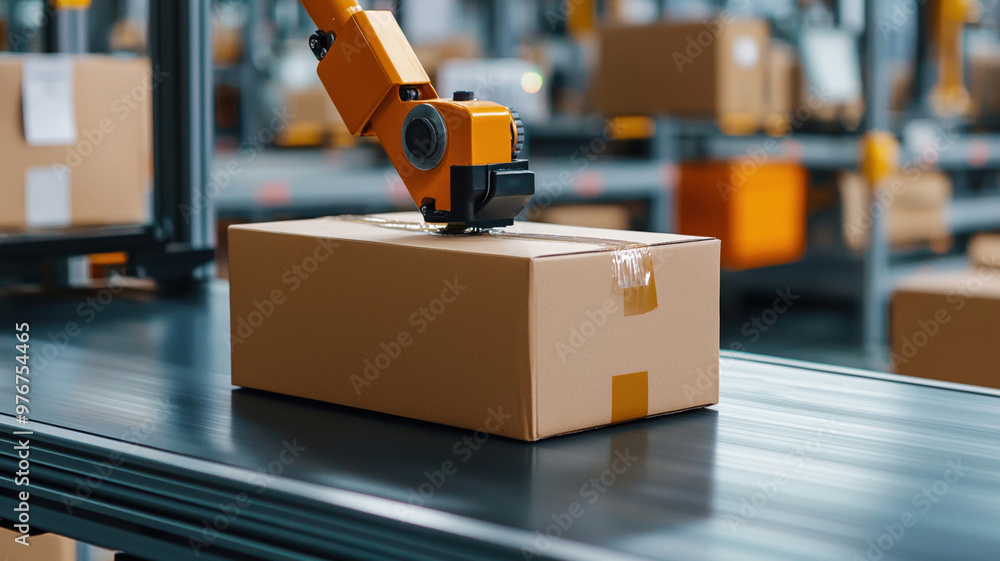 Efficient robotic arm applying quality control stamp on package in busy ...