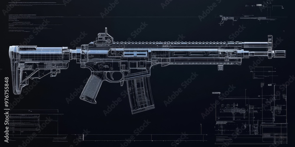 Detailed Blueprint of a Modern Rifle With Schematic Elements and ...
