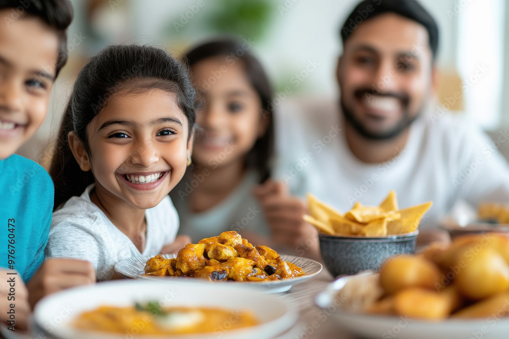 indian family enjoying dinner happy faces different Chinese dishes on ...
