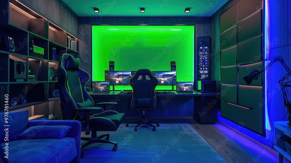 A gaming room designed for streaming, featuring a multi-monitor setup ...