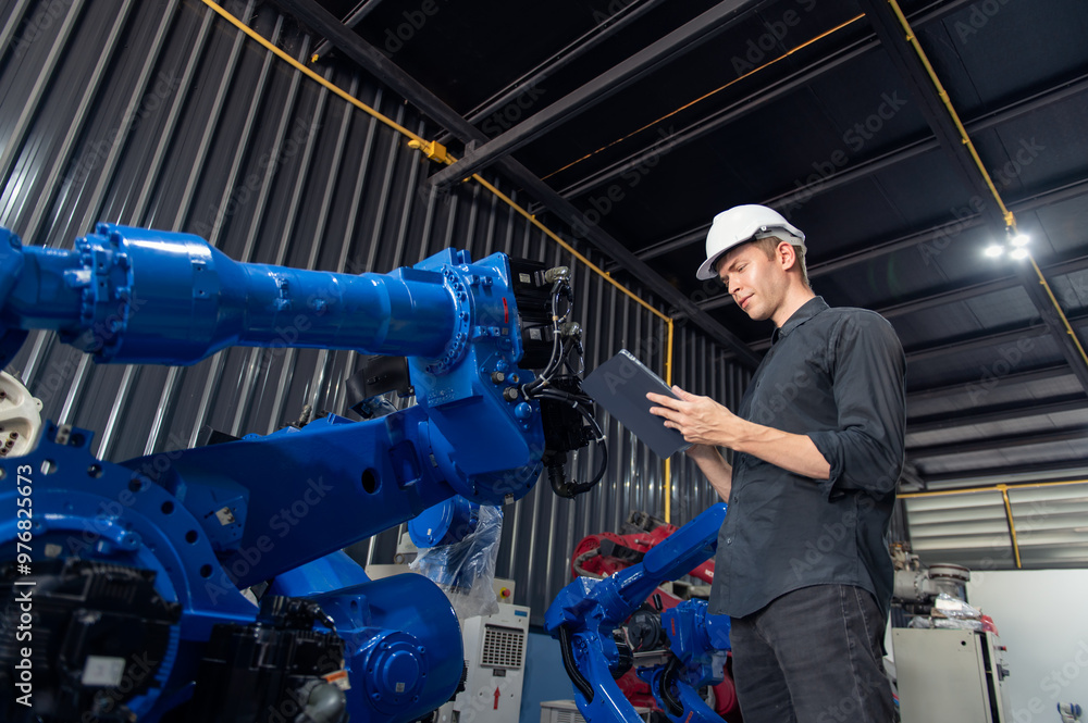 Foto de Stock Engineer standing by robotic arm and operating machine in ...