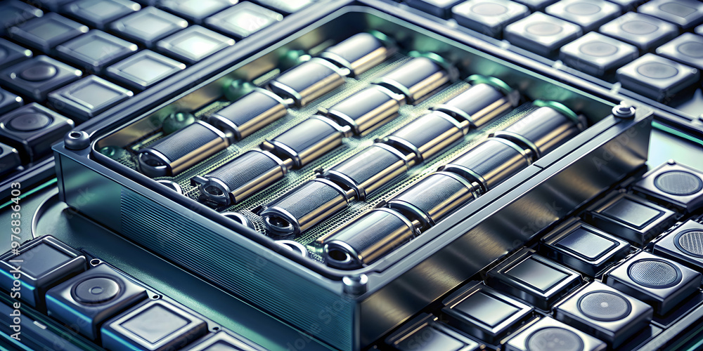Close up of a detailed battery cell interface with intricate textures ...