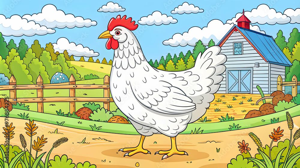 Coloring page of a hen on a farm for kids activities and educational ...