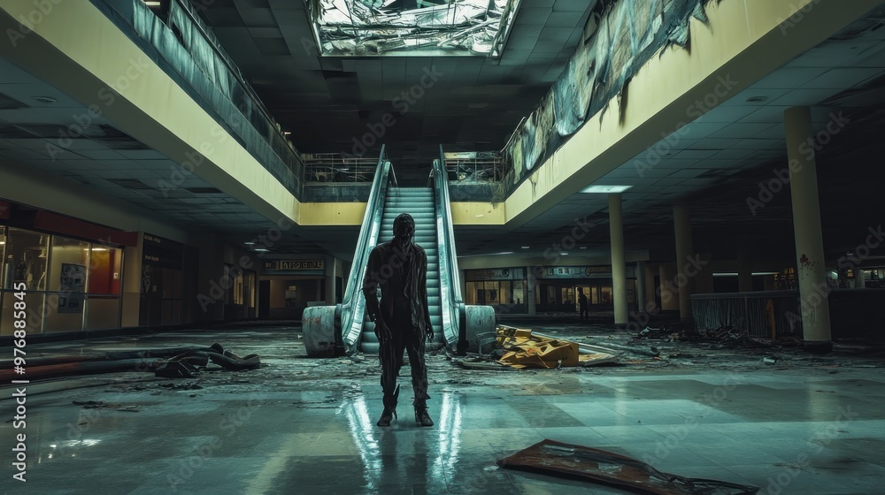 Zombie lurking in an abandoned shopping mall with flickering lights and ...
