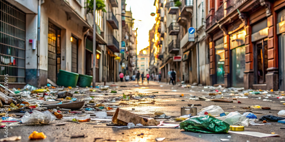 Scattered debris and litter on a city street with broken glass and ...
