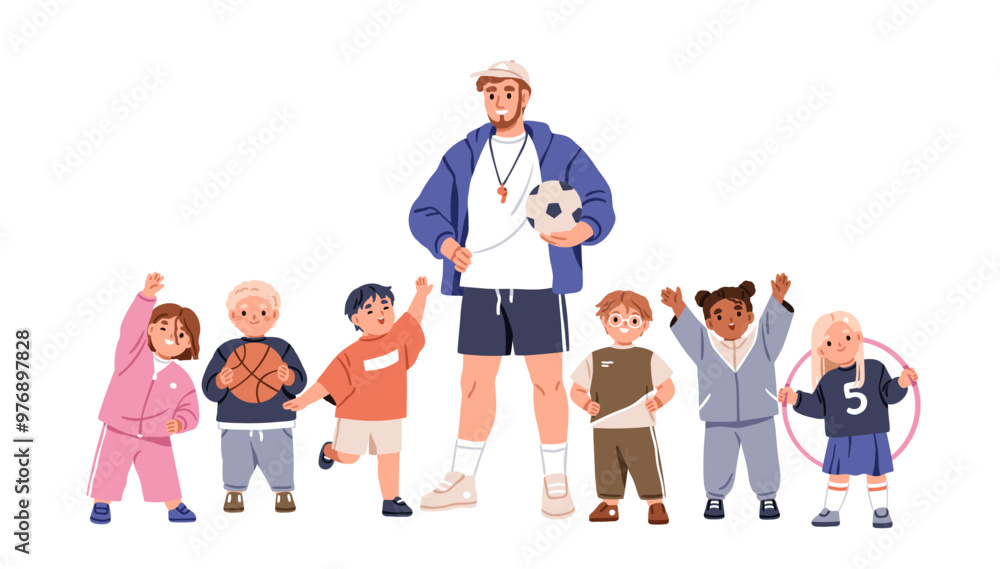 PE teacher with kids, physical education class. Elementary school PT ...