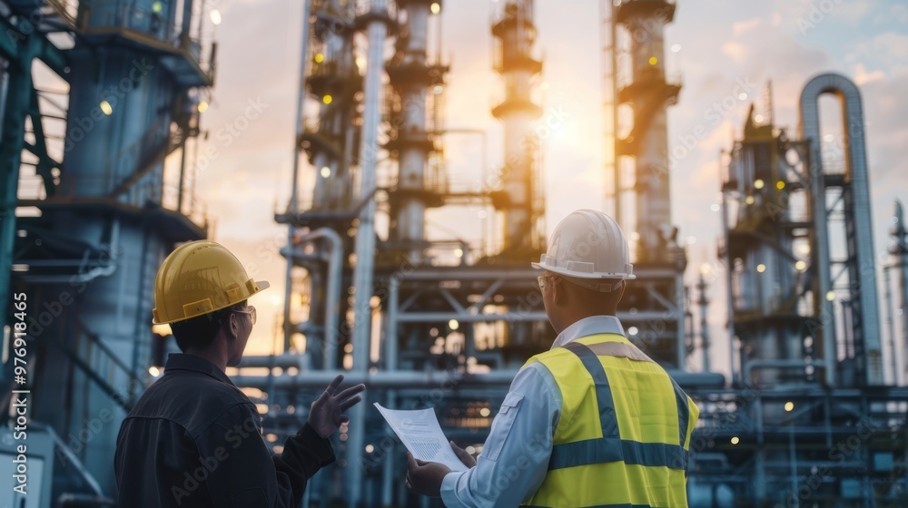 Refinery industrial engineers are working and discussing in front of ...