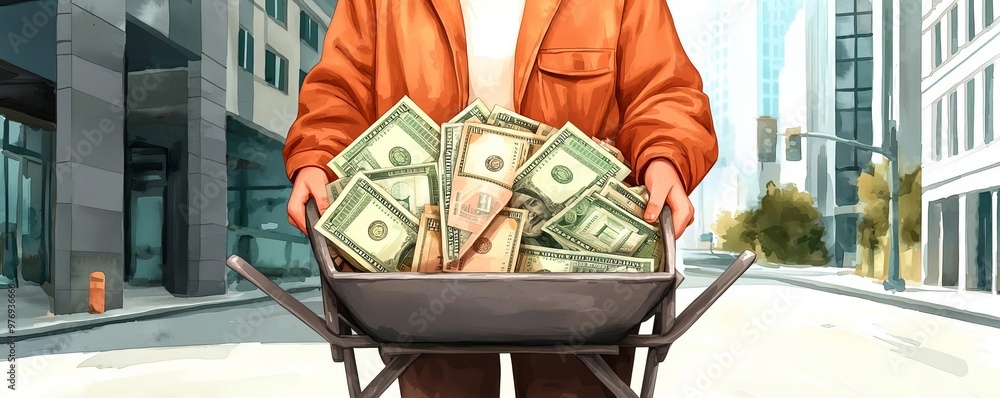 Depiction of hyperinflation with a person holding a wheelbarrow full of ...