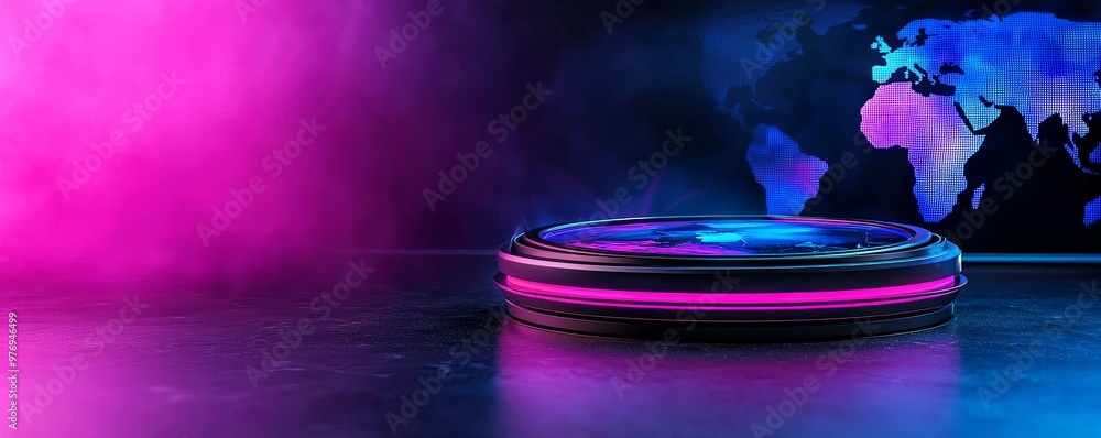 Futuristic broadcast set with a massive world map screen, glowing blue lighting and a circular ...