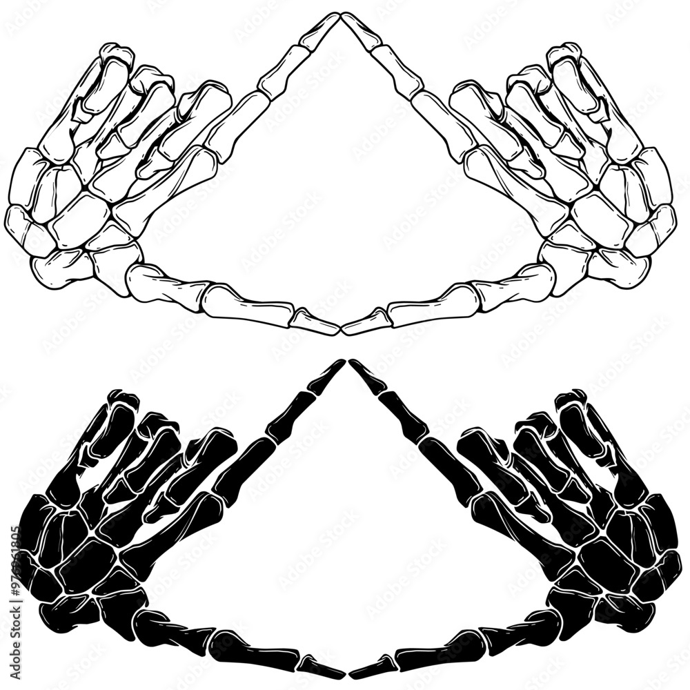 Gestures of two skull hands skeleton together making triangle shape ...